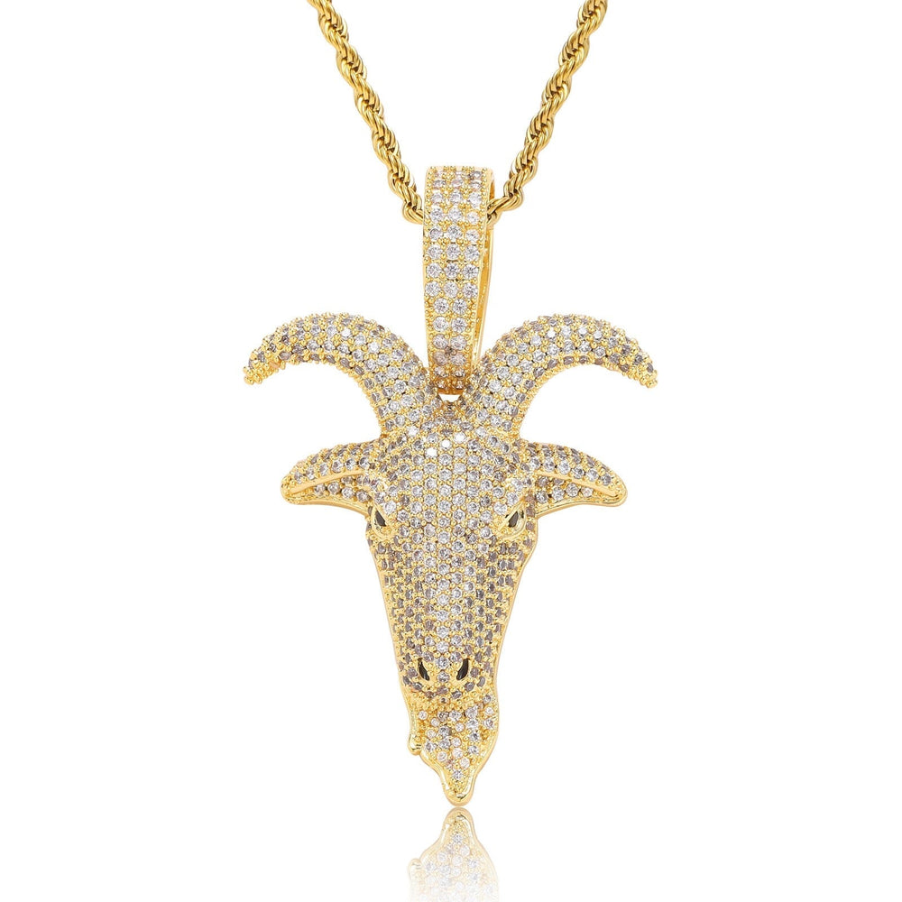 Fully Iced Out Diamond Goat Head Pendant G.O.A.T. in 14K Yellow Gold